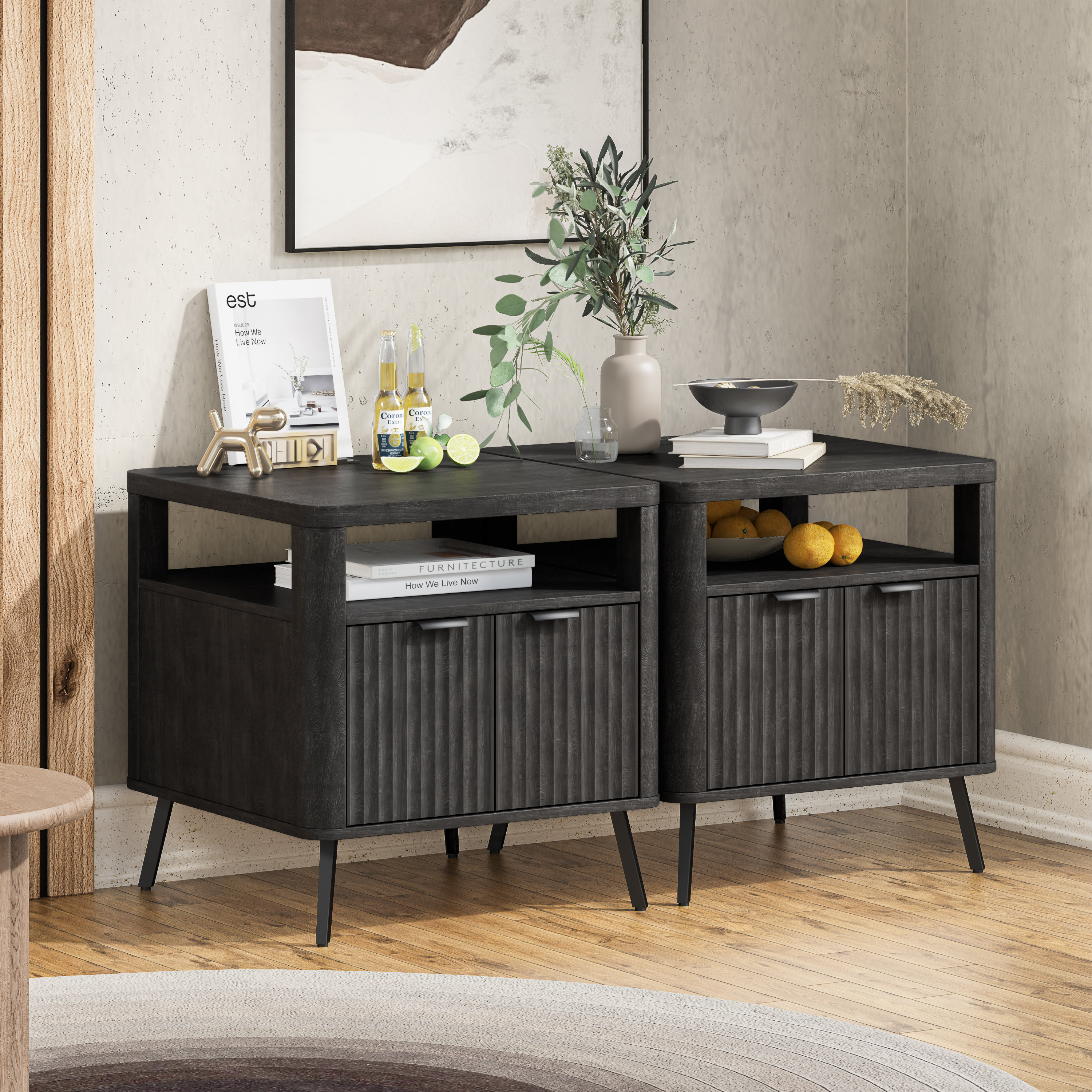 Ebern Designs Brottman End Table with Charging Station, 24" Modern Fluted End Table with Drawer ...